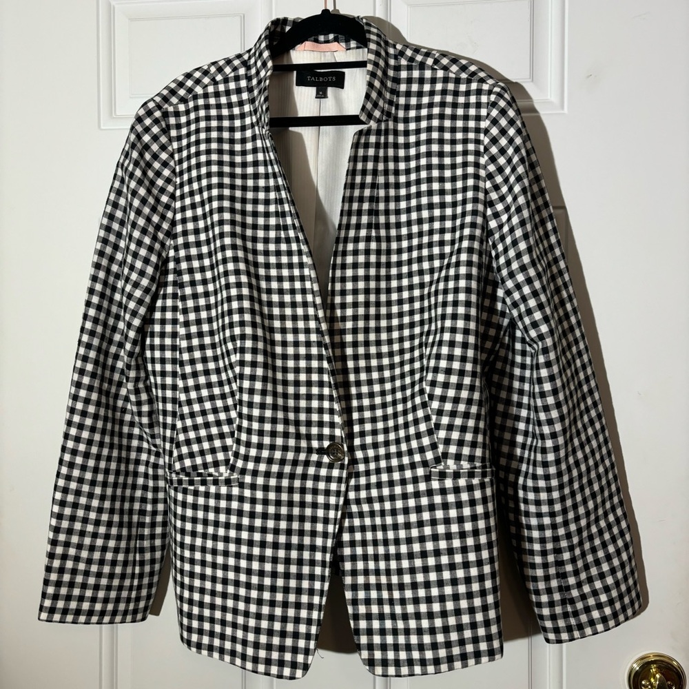 Talbots Black/White Gingham Linen Blend Blazer,/Jacke… - Gem